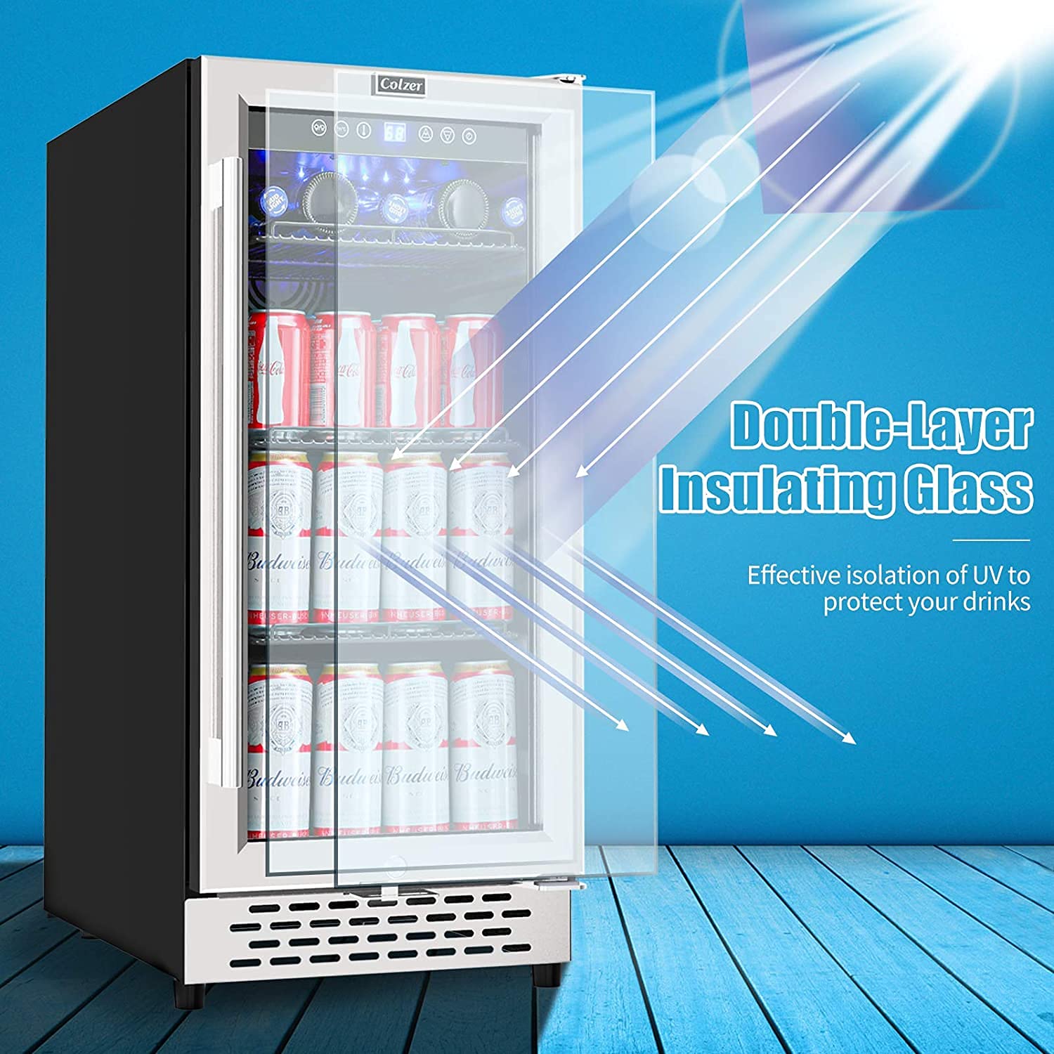 COLZER 15 inch Beverage Refrigerator with Glass Door 126 Cans Mini Beverage Cooler Under Counter Freestanding Built in Centre Garage Fridge with Lock for Drink Beer Soda Wine Water