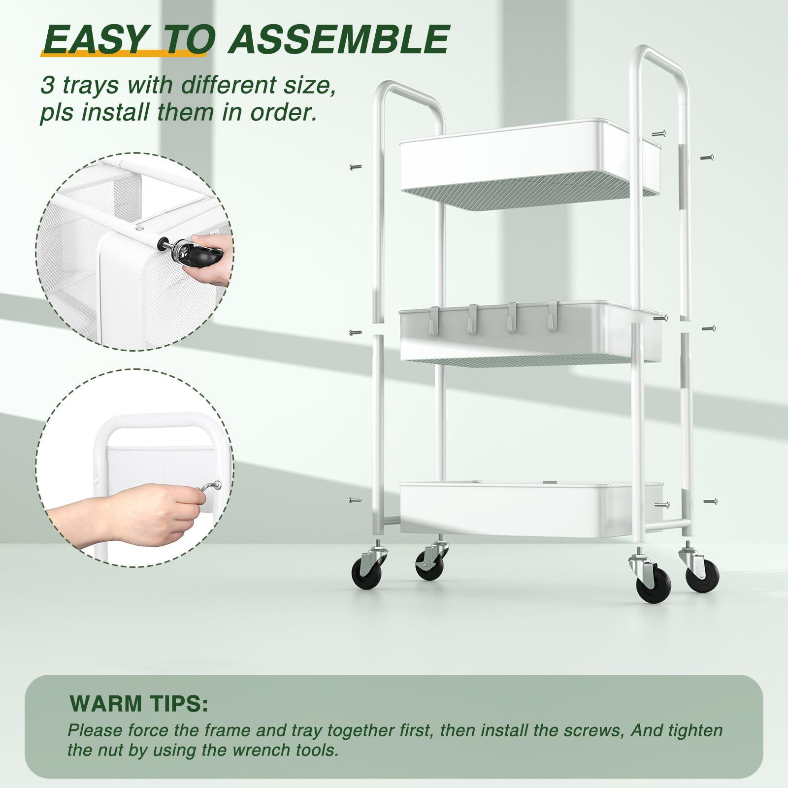 LEHOM 3 Tier Rolling Utility Cart, Metal Trolley Cart with Wheels, Hooks, Easy Assembly Organizer Storage Cart for Bathroom, Kitchen, Office, Bedroom(White)