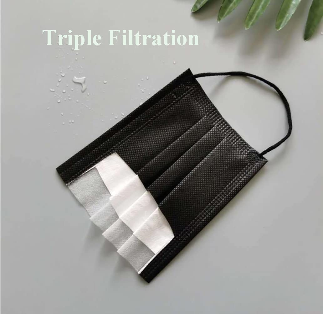 Curora 50 Pcs Black Face Masks 3Ply Black Disposable Face Masks Filter Protection