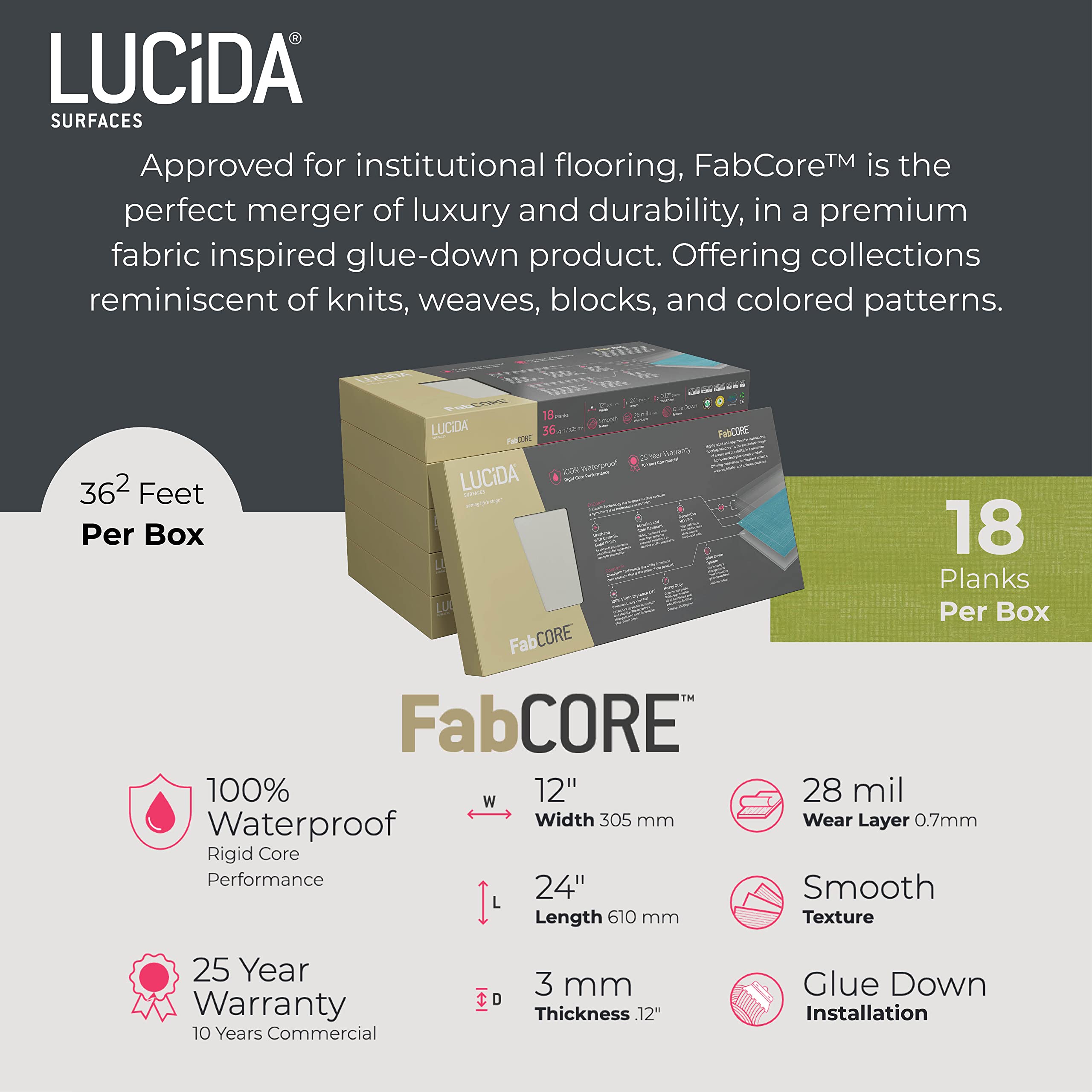 Lucida Surfaces Luxury Vinyl Floor Tiles | Glue Down Adhesive Flooring | Textured Look Plank | FabCore Solid Pattern | Single Sample Tile