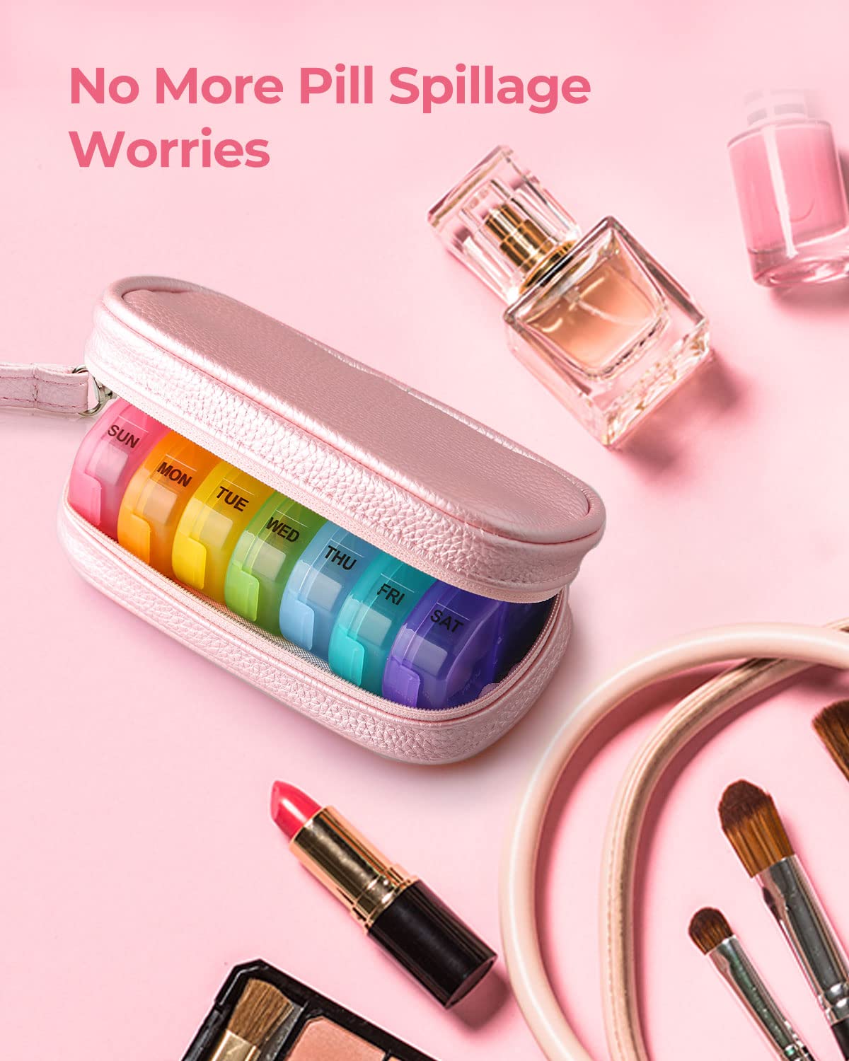 AMOOS Cute Pill Organizer 2 Times a Day, PU Leather Pill Case for Women, Portable Weekly Pill Box for Purse with Storage Bag to Hold Vitamins, Medications, Fish Oils, Supplements (Pink)