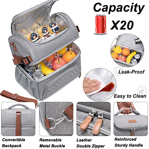 Artelaris Lunch Bag for Men Women, Large Double Deck Lunch Box Tote for Work, Dual Compartment Insulated Leakproof Lunchbox Cooler for Adult with Shoulder Strap & Side Pocket for Picnic Hiking Outdoor