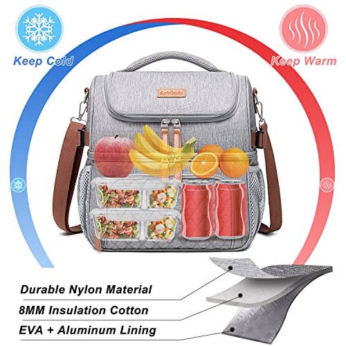 Artelaris Lunch Bag for Men Women, Large Double Deck Lunch Box Tote for Work, Dual Compartment Insulated Leakproof Lunchbox Cooler for Adult with Shoulder Strap & Side Pocket for Picnic Hiking Outdoor
