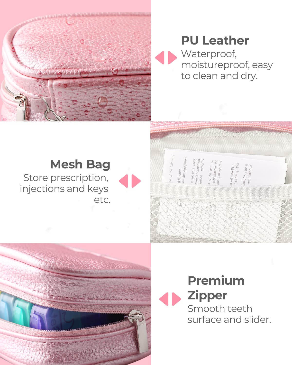 AMOOS Cute Pill Organizer 2 Times a Day, PU Leather Pill Case for Women, Portable Weekly Pill Box for Purse with Storage Bag to Hold Vitamins, Medications, Fish Oils, Supplements (Pink)