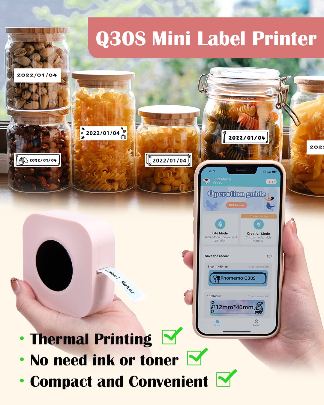 Phomemo Pink Label Maker Q30S Bluetooh Mini Label Maker Machine Portable Label Printer for Storage/Name/Document Label,Compatible with iOS Android, Pink