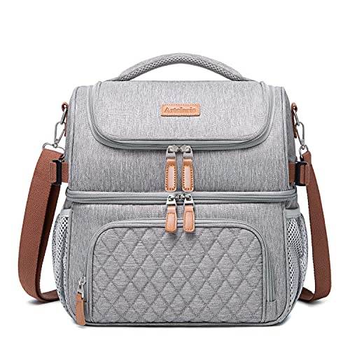 Artelaris Lunch Bag for Men Women, Large Double Deck Lunch Box Tote for Work, Dual Compartment Insulated Leakproof Lunchbox Cooler for Adult with Shoulder Strap & Side Pocket for Picnic Hiking Outdoor