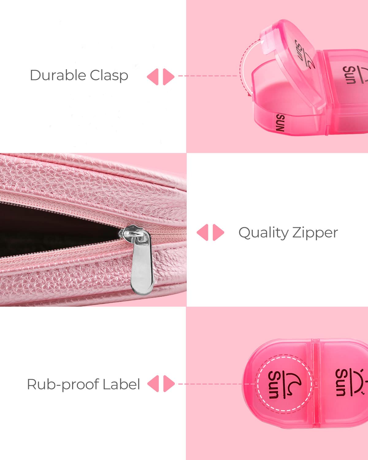AMOOS Cute Pill Organizer 2 Times a Day, PU Leather Pill Case for Women, Portable Weekly Pill Box for Purse with Storage Bag to Hold Vitamins, Medications, Fish Oils, Supplements (Pink)