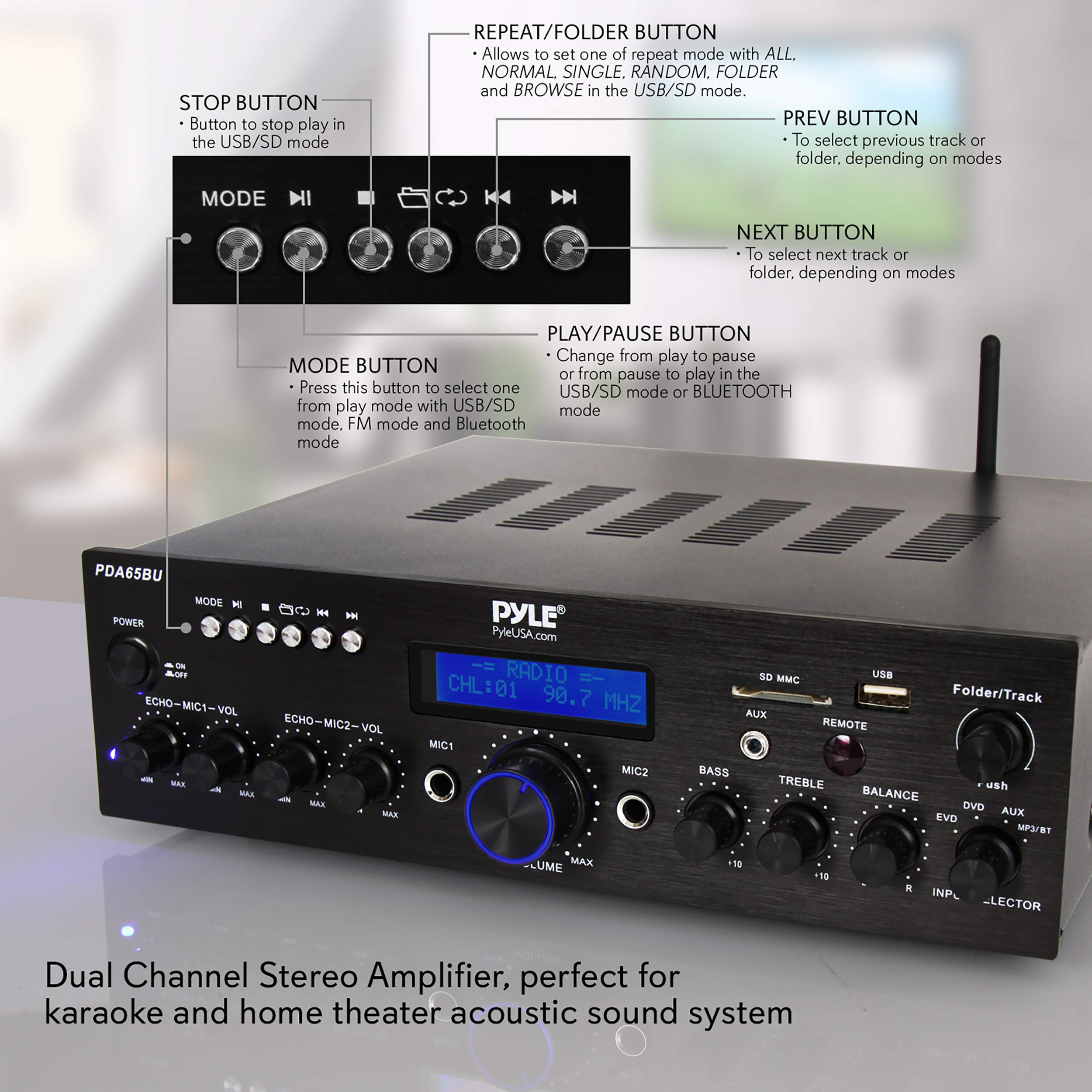 Pyle Wireless Bluetooth Power Amplifier System - 200W Dual Channel Sound Audio Stereo Receiver w/USB, AUX, MIC in w/Echo, Radio - for Home Theater Entertainment via RCA, Studio Use - Pyle PDA65BU.5
