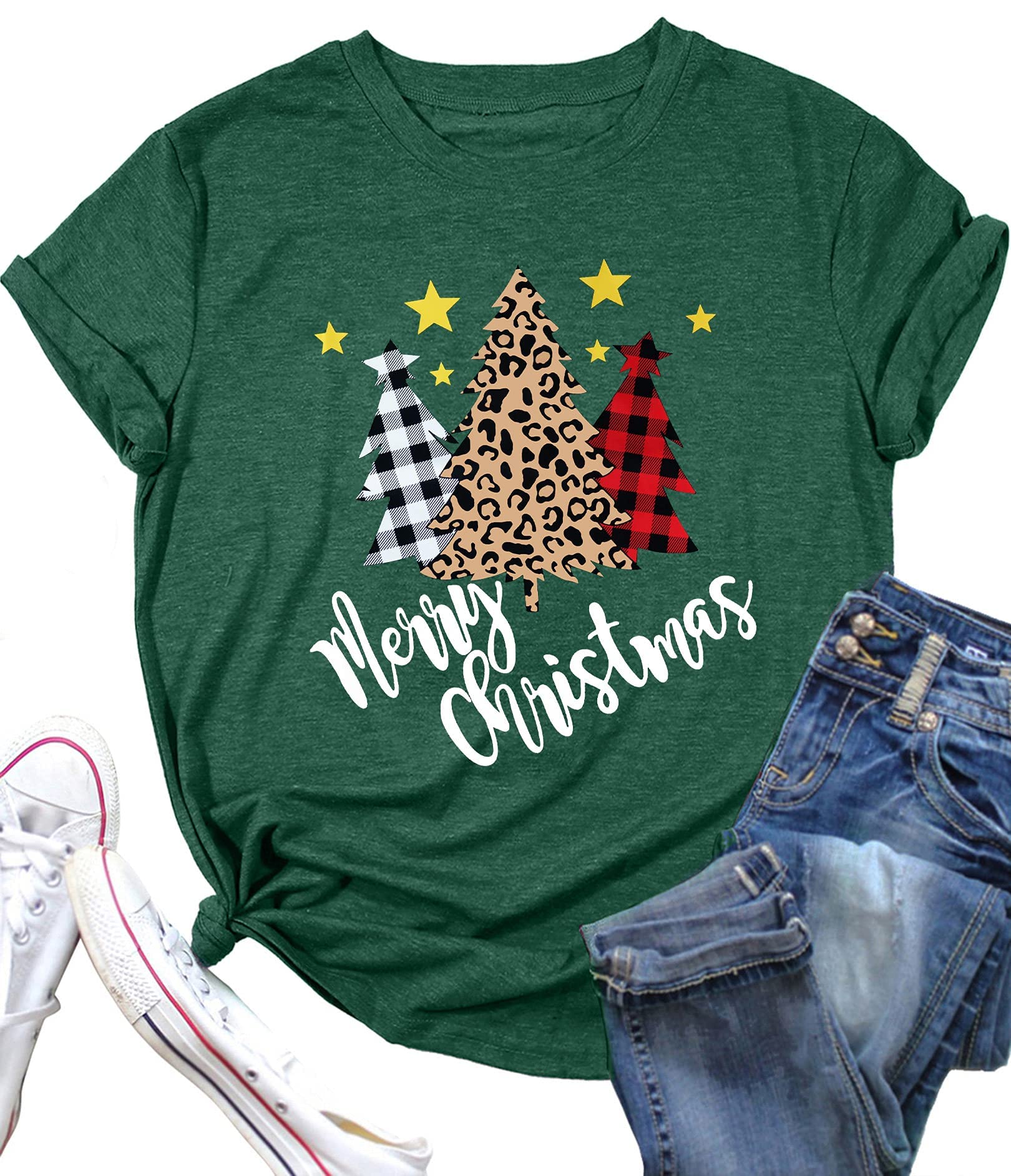 Plus-Size Christmas Shirts Women Merry Christmas Leopard Plaid Tree Print Shirt Holiday Tops Xmas Tee
