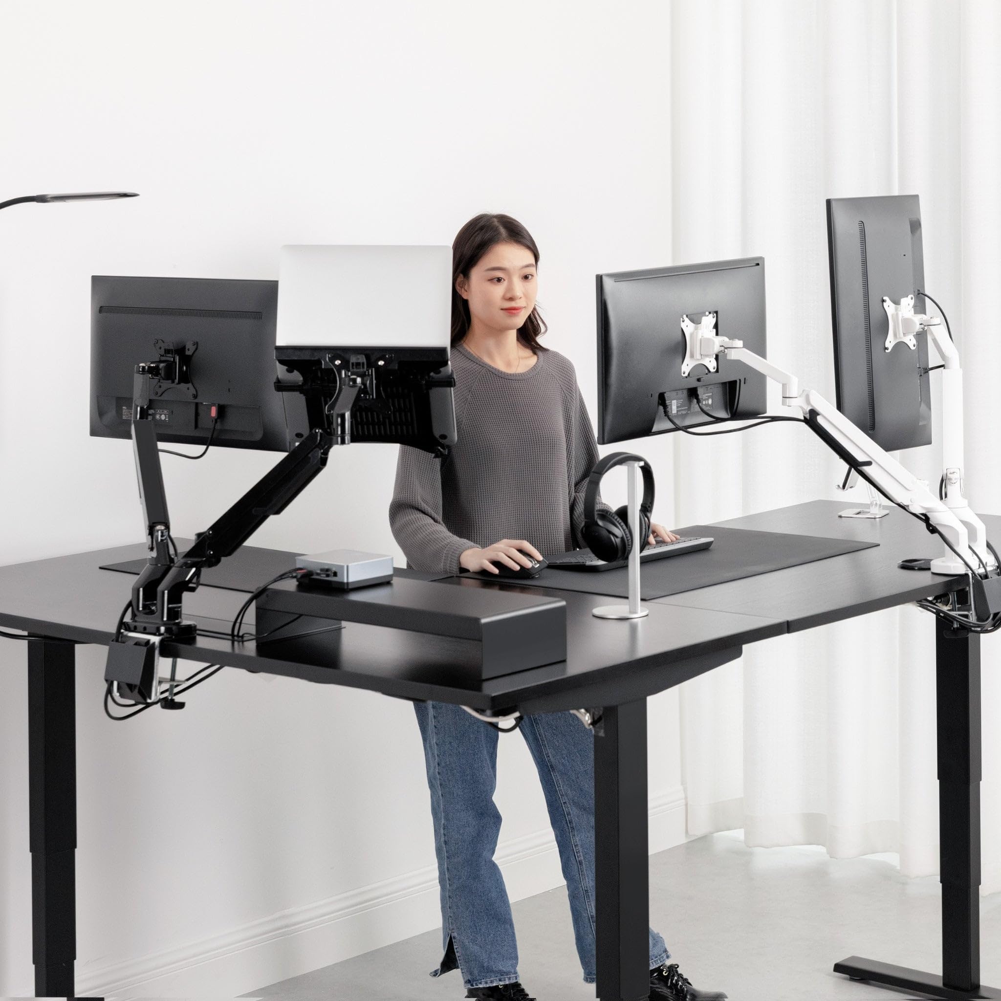 Progressive Desk Electric Stand Up Height Adjustable Standing Desk - L Shaped 78" x 60" Corner Table Computer Rising Workstation - White Frame, Gray Oak Top