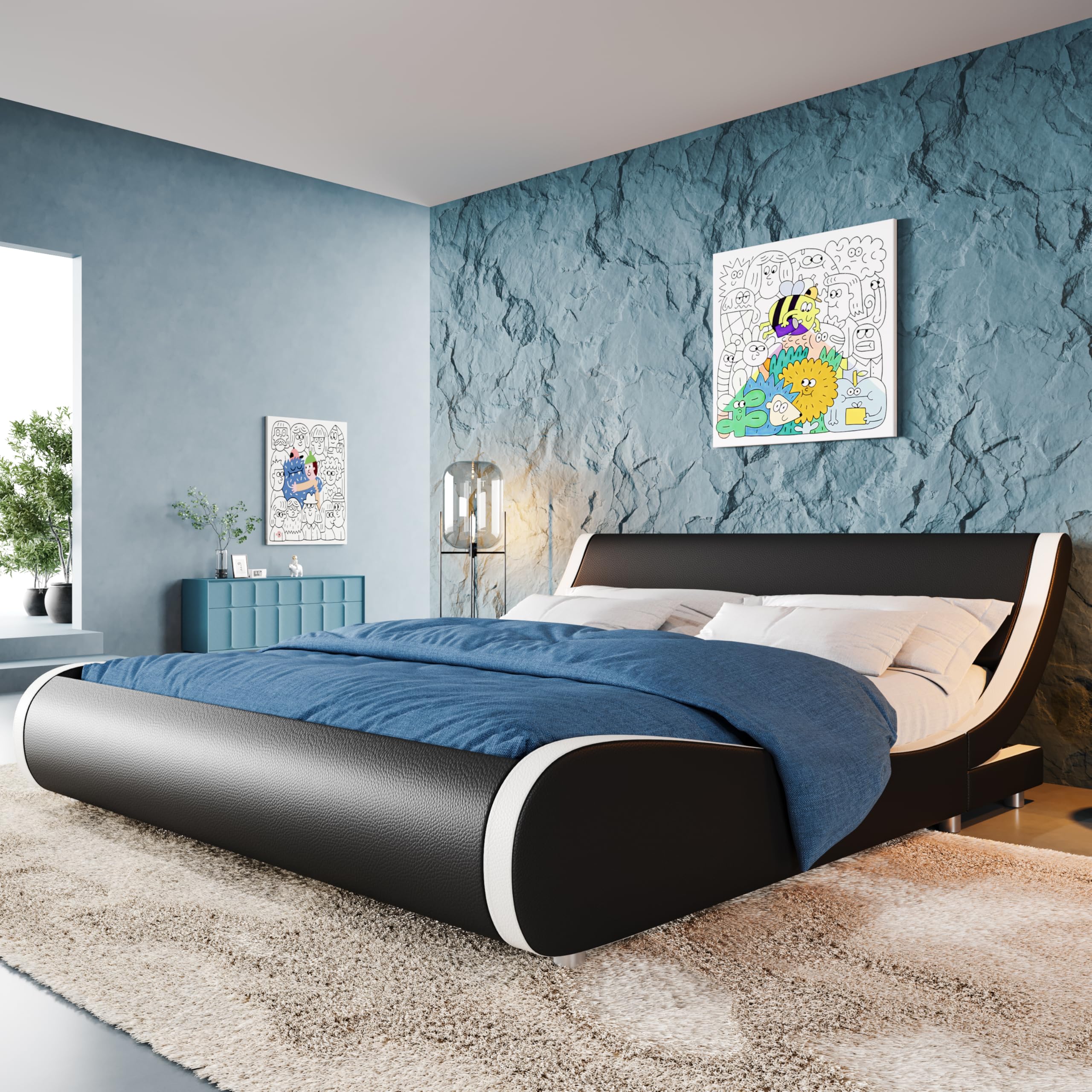 Allewie Upholstered King Size Platform Bed Frame Modern Low Profile Sleigh Bed with Faux Leather Ergonomic Headboard, Wood Slat Support, Easy Assembly, No Box Spring Needed, Black and White