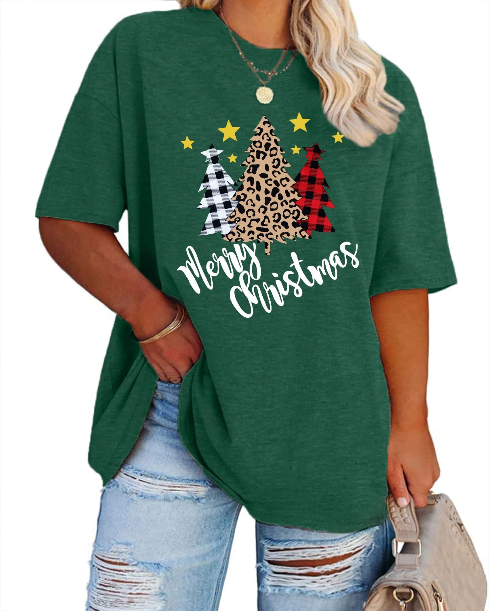 Plus-Size Christmas Shirts Women Merry Christmas Leopard Plaid Tree Print Shirt Holiday Tops Xmas Tee
