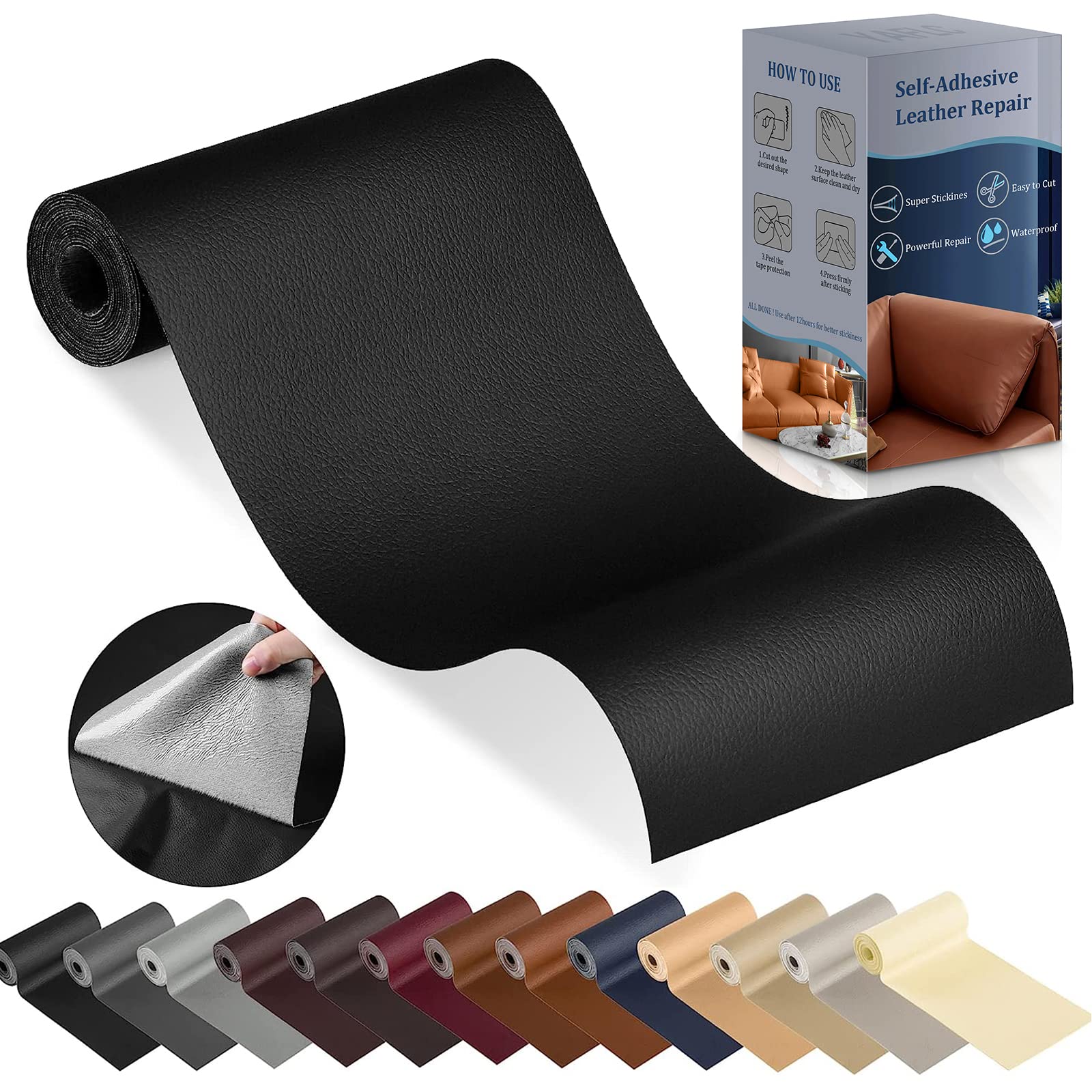 YAFLC Leather Repair Patch for Furniture, 4" x 63" Self Adhesive Leather Repair Kit Vinyl Repair Tape for Car Seat Sofa Jackets Couches Chair Black