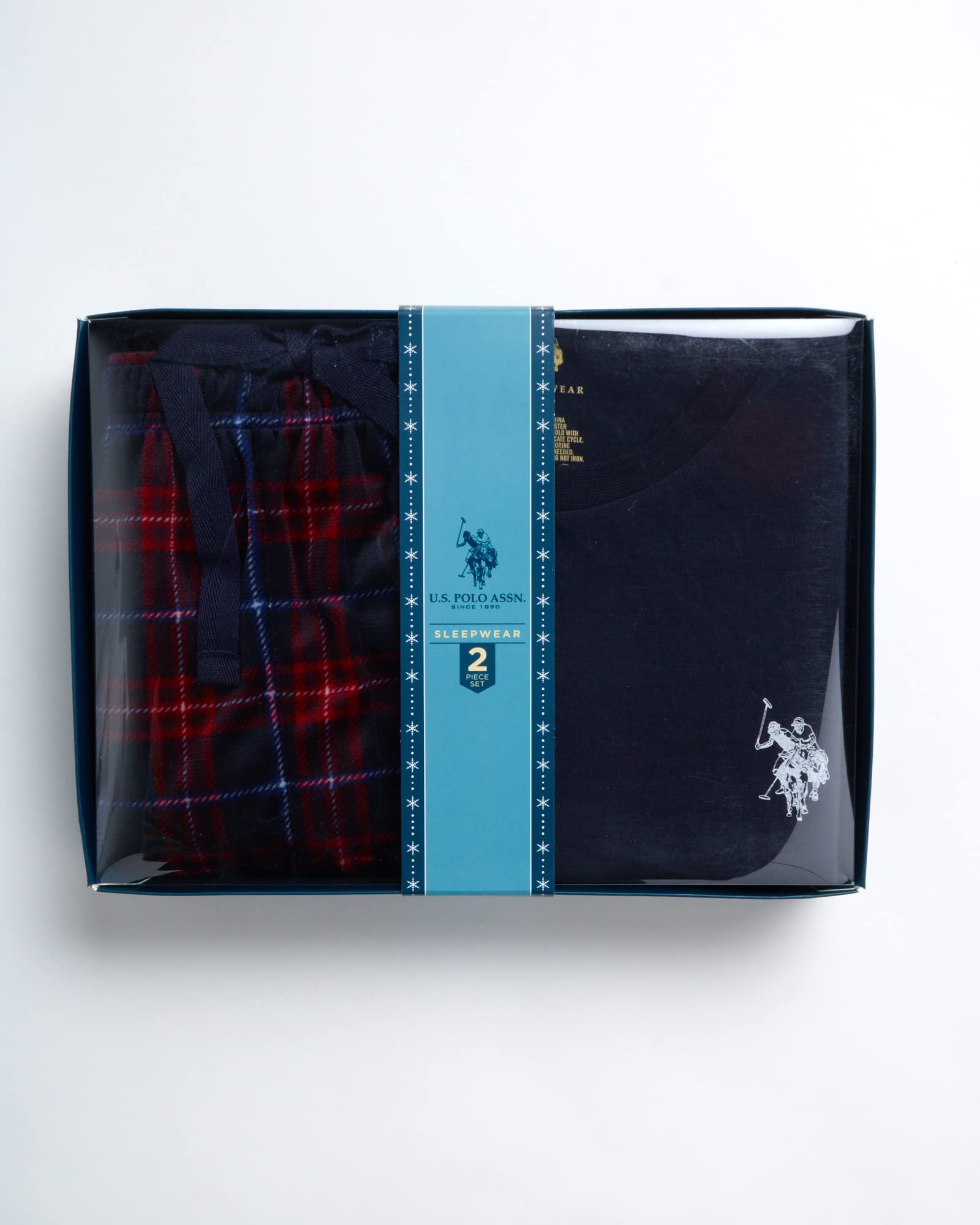 U.S. Polo Assn. Men's Pajama Set - 2 Piece Long Sleeve T-Shirt and Fleece Lounge Pants, Gift Box, Size Medium, Sky Captain