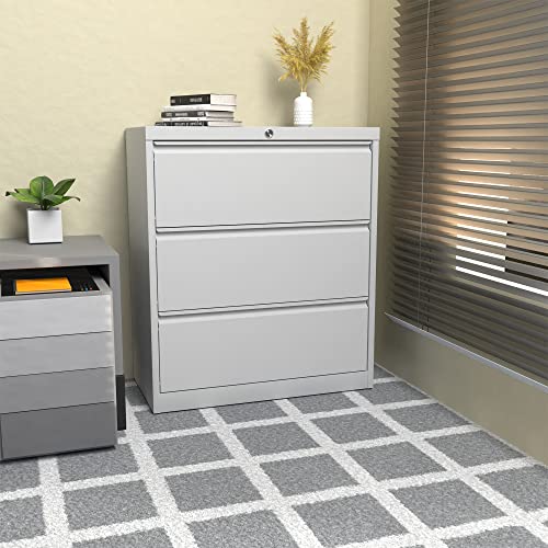 GangMei 3 Drawer Metal Lateral File Cabinet with Lock, Lateral Filing Cabinet for Letter/Legal Size Folders for Home Office,Assembly Required, White, 3 Drawer