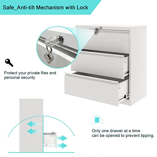 GangMei 3 Drawer Metal Lateral File Cabinet with Lock, Lateral Filing Cabinet for Letter/Legal Size Folders for Home Office,Assembly Required, White, 3 Drawer