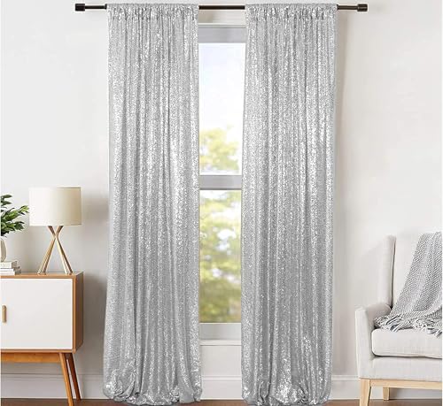 WISPET Silver Sequin Backdrop Curtains 2 Panels 2FTx8FT Glitter Drapes Backdrop Wedding Photo Backdrop Glitter Birthday Bridal Party Curtains Sparkle Background Party Decor Curtains