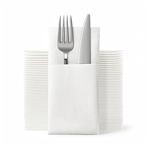 JEBBLAS Disposable Cloth Like Napkins, Built-in Flatware Pocket, Wedding Party Linen Feel White Napkin, Prefolded for Silverware,50 Count