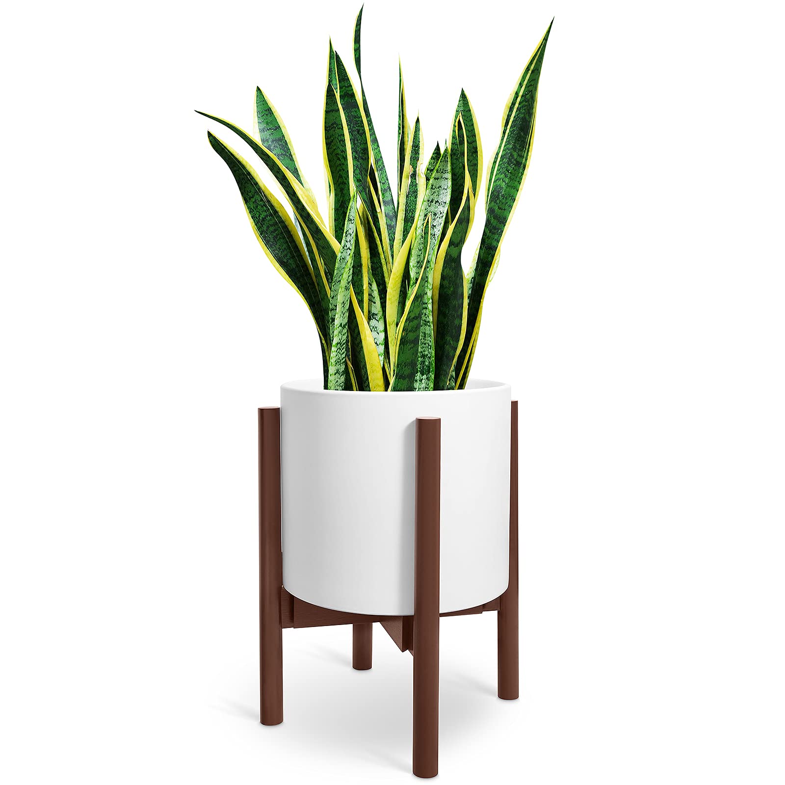 10 Inch Matte White Ceramic Flower Pot with Solid Wood Stand, Straight Cylinder Planter with Drainage Hole - Handmade Modern Minimalist Design for Indoor/Outdoor Plants, Succulents, Herbs, Home Decor