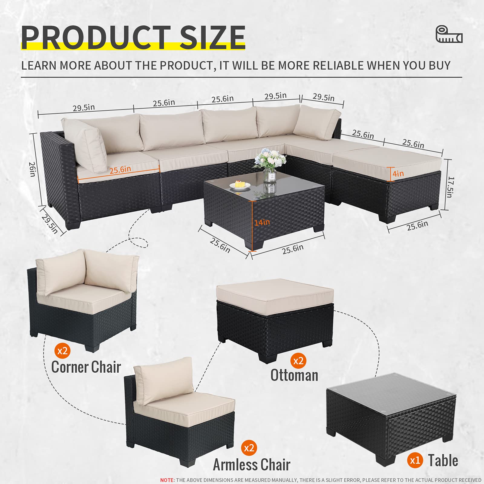 Lviden 7 Pieces Outdoor PE Wicker Furniture Set Patio Rattan Sectional Conversation Sofa Set with Khaki Cushions and Glass Top Table