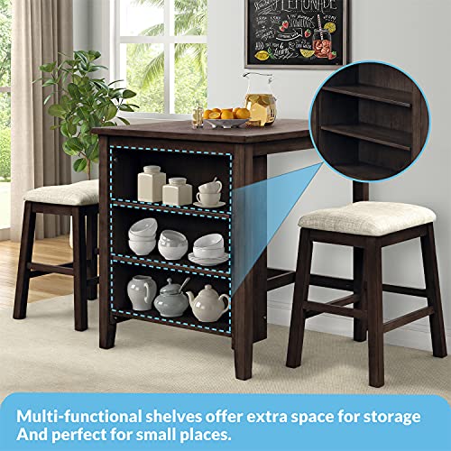 Bellemave 3 Piece Dining Table Set Counter Height Table Chair Set with 1 Table, 2 Padded Stools, Storage Shelf for Kitchen, Dining Room, Brown