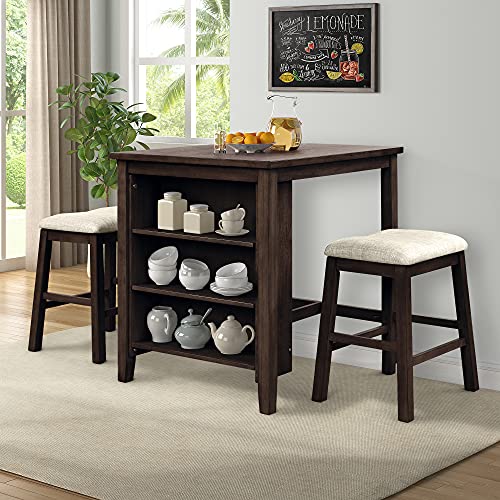 Bellemave 3 Piece Dining Table Set Counter Height Table Chair Set with 1 Table, 2 Padded Stools, Storage Shelf for Kitchen, Dining Room, Brown