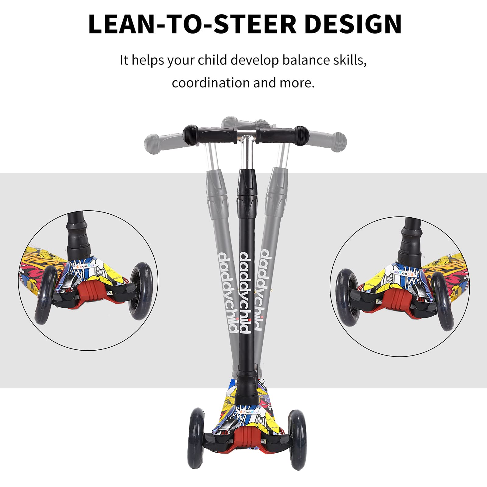 Scooters for Kids 3 Wheel Kick Scooter for Toddlers Girls & Boys, 4 Adjustable Height, Lean to Steer, Extra-Wide Deck, Light Up Wheels for Children from 3 to 14 Years Old (Pop Graffiti 2)