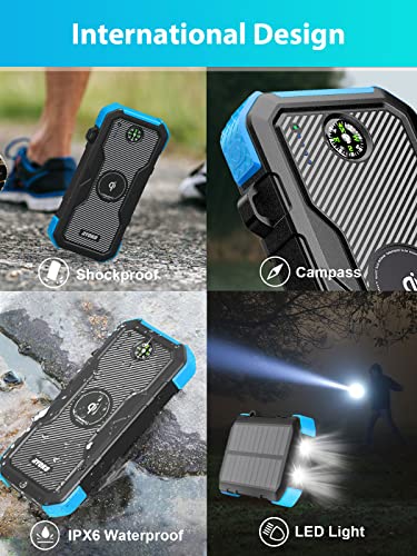 Ryoko Solar Charger Power Bank, 30000mAh Solar Phone Charger with 10W Wireless Charging, Dual USB & Type-C Port, QC 18W Fast Charging Power Bank for iPhone, Samsung, Tablet