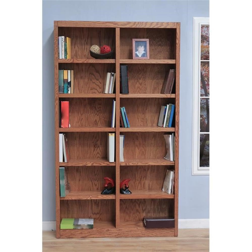 BOWERY HILL 84" Traditional Double Wide Wood Bookcase with 10 Adjustable Shelves and 2 Fixed Shelves, Assembly Required, for Home/Office, in Dry Oak Finish