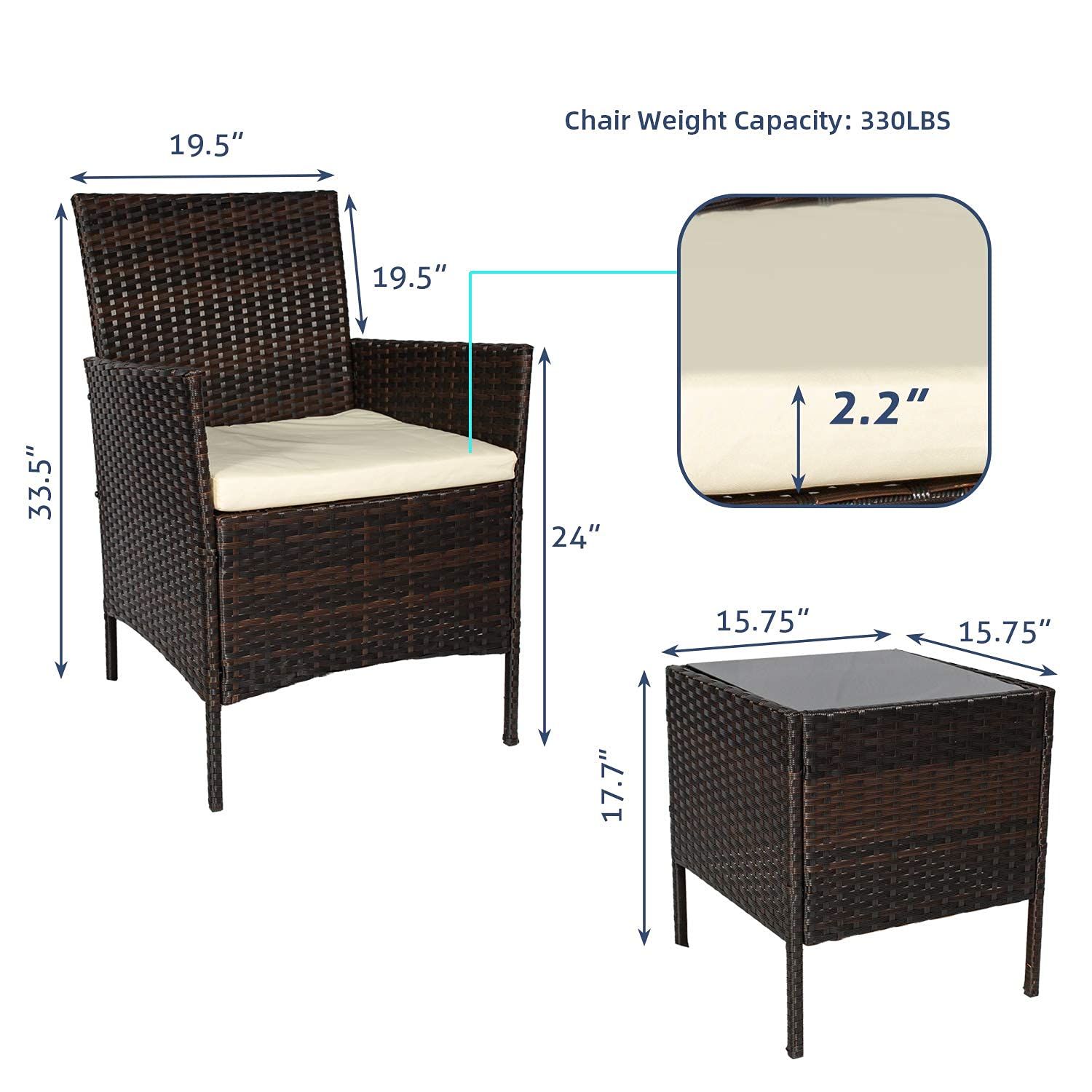 3PCS Outdoor Patio Furniture Set PE Wicker Rattan Chairs and Table Sofa Seats Conversation Set with Washable Cushion (Brown Beige)