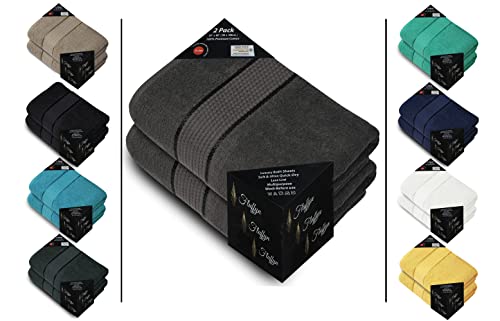 Fluffyn 100% Cotton Fancy Bath Sheets - Towels for Bathroom - Eco-Friendly, Super Soft, Highly Absorbent Bath Towels - Oeko-Tex Certified - 34" x 66" Inches (Grey, Bath Sheets Set of 2)