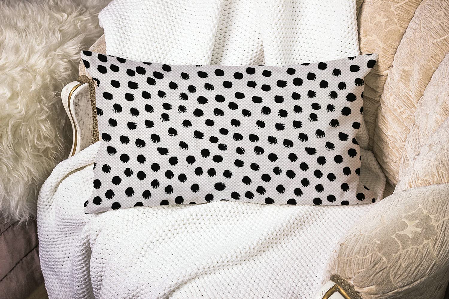 Smooffly Polka Dots Decorative Throw Pillow Cover Case,Brush Strokes Dots Cotton Linen Outdoor Pillow Cases Oblong Rectangle Cushion Covers for Sofa Couch Bed Car 12x20 inch Black