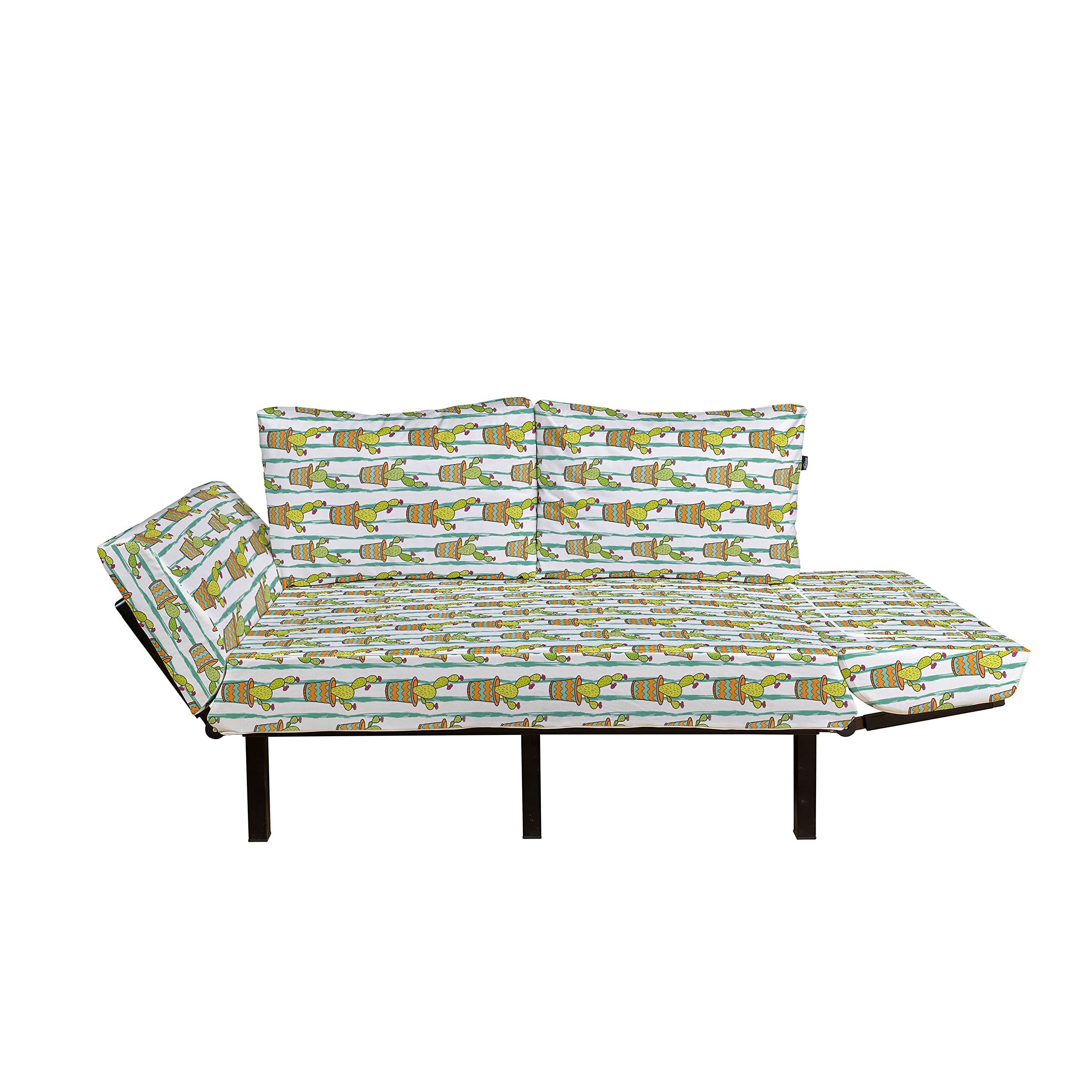 Ambesonne Cactus Futon Couch, Vertical Lines Cartoon Drawing Style Zigzag Chevron Pattern Flowers in Pots, Daybed with Metal Frame Upholstered Sofa for Living Dorm, Loveseat, Green Orange Mint