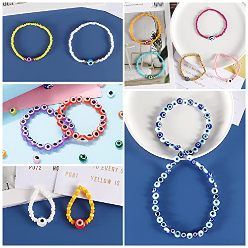 PHUNTTEK 2400pcs Seed Beads and Evil Eye Beads Halloween Beads for Jewelry Making, 3mm Glass Seed Beads 8mm Flat Evil Eye Colorful Bracelet Beads Kit for Bracelets Making DIY Gift Beading Supplies