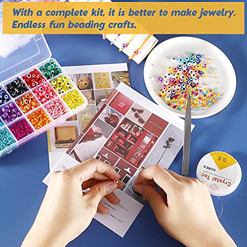 PHUNTTEK 2400pcs Seed Beads and Evil Eye Beads Halloween Beads for Jewelry Making, 3mm Glass Seed Beads 8mm Flat Evil Eye Colorful Bracelet Beads Kit for Bracelets Making DIY Gift Beading Supplies