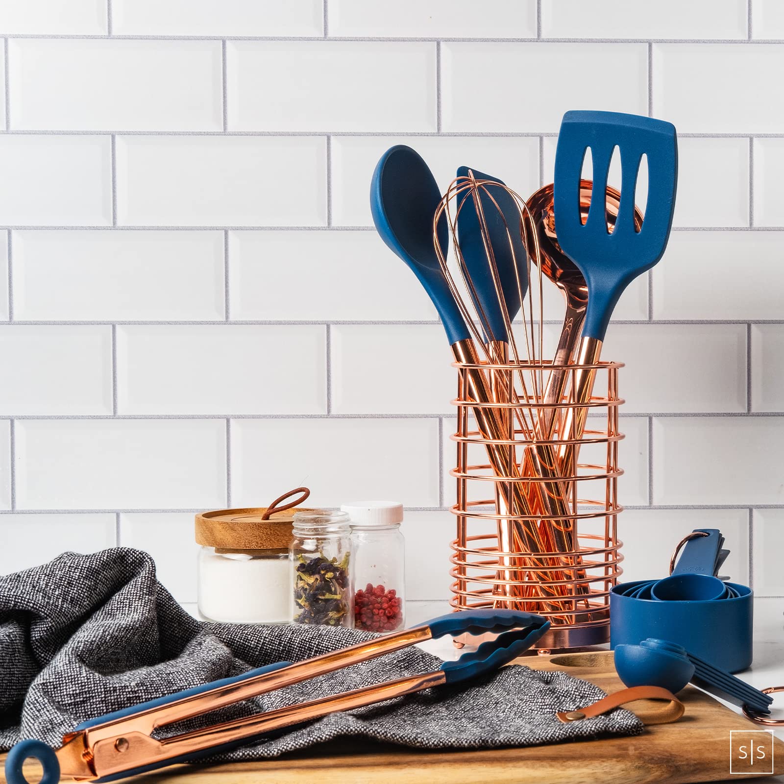 Copper and Blue Silicone Cooking Utensils Set - 17-Piece Set with Copper Utensil Holder and Measuring Cups and Spoons for Stylish Cooking and Baking - Blue Kitchen Decor, Unique Kitchen Gifts