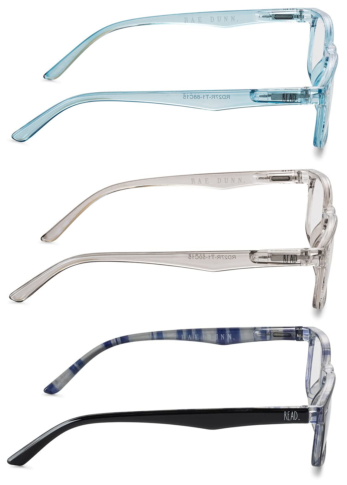 Rae Dunn "LOU Premium Reading Glasses - 3 Pack w/READ Signature Font (Crystal Dusty Blue/Crystal Cool Grey/Cobalt Stripe, +2.0)