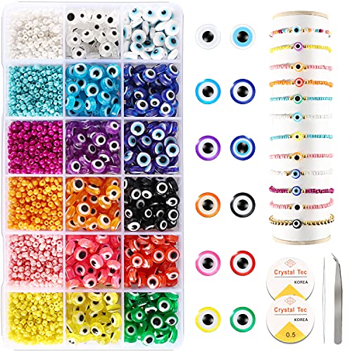 PHUNTTEK 2400pcs Seed Beads and Evil Eye Beads Halloween Beads for Jewelry Making, 3mm Glass Seed Beads 8mm Flat Evil Eye Colorful Bracelet Beads Kit for Bracelets Making DIY Gift Beading Supplies