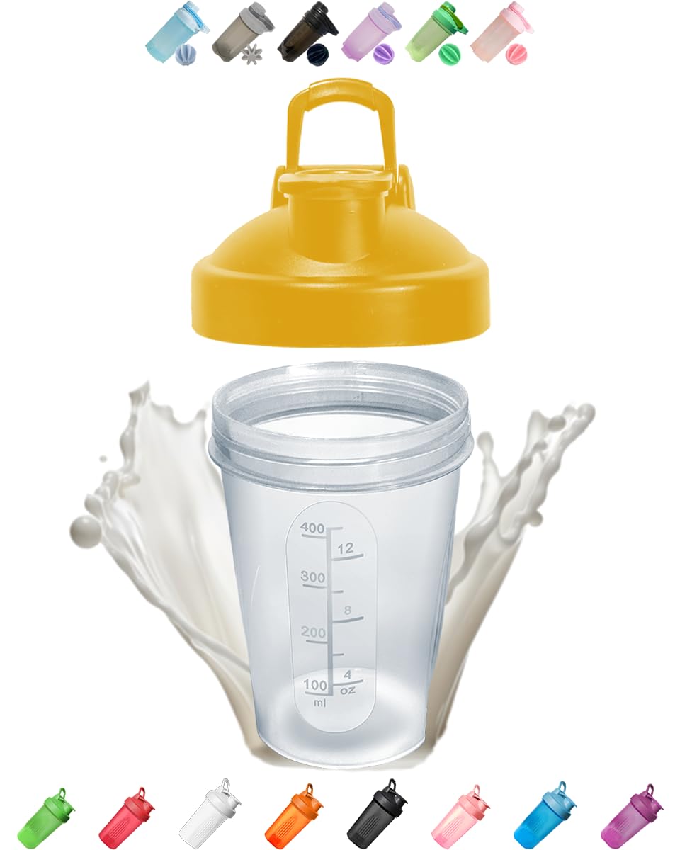 Blender Shaker Bottle Classic Loop Top& Stainless Whisk Ball-Protein Small-16 oz Whisk Ball, Secure Screw-On Lid, Dishwasher Safe & BPA Free Sports Bottle, YellowClear, Clear Body-16 Oz
