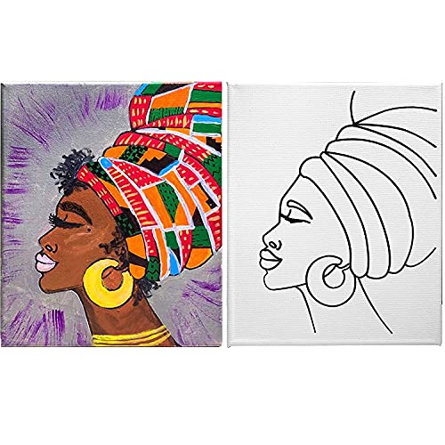Indigo Art Studio Pre Drawn Canvas Paint Kit for Adults | Stenciled 12 Acrylic Paints, Smock, Brush, Pallet | Art Activity | Afro Retro | Birthday & Sip and Paint Twist Party Queen #4 (8x10 Inches)
