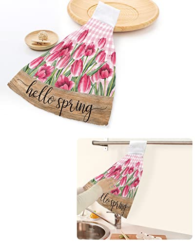 1 Pcs Hanging Towel Pink Tulip Farm Hello Spring Hand Towels Dish Towel for Kitchen Bathroom Absorbent Tie Towels Tea Bar Towels with Loop