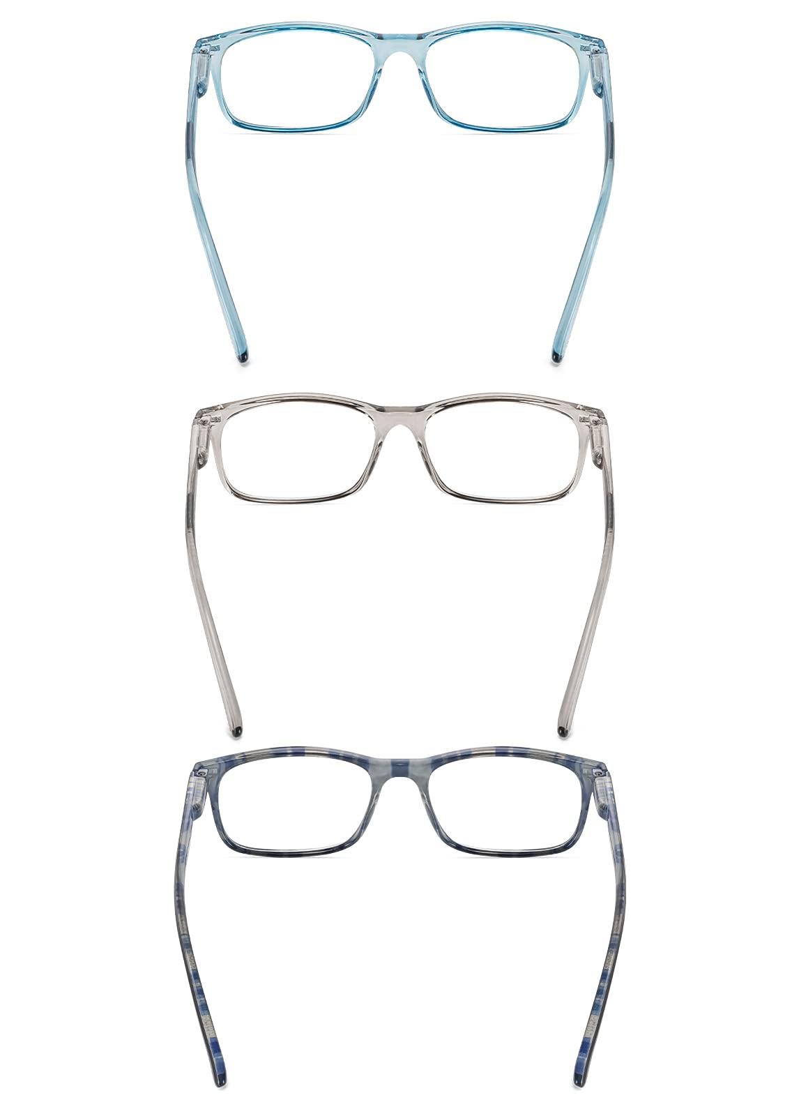 Rae Dunn "LOU Premium Reading Glasses - 3 Pack w/READ Signature Font (Crystal Dusty Blue/Crystal Cool Grey/Cobalt Stripe, +2.0)
