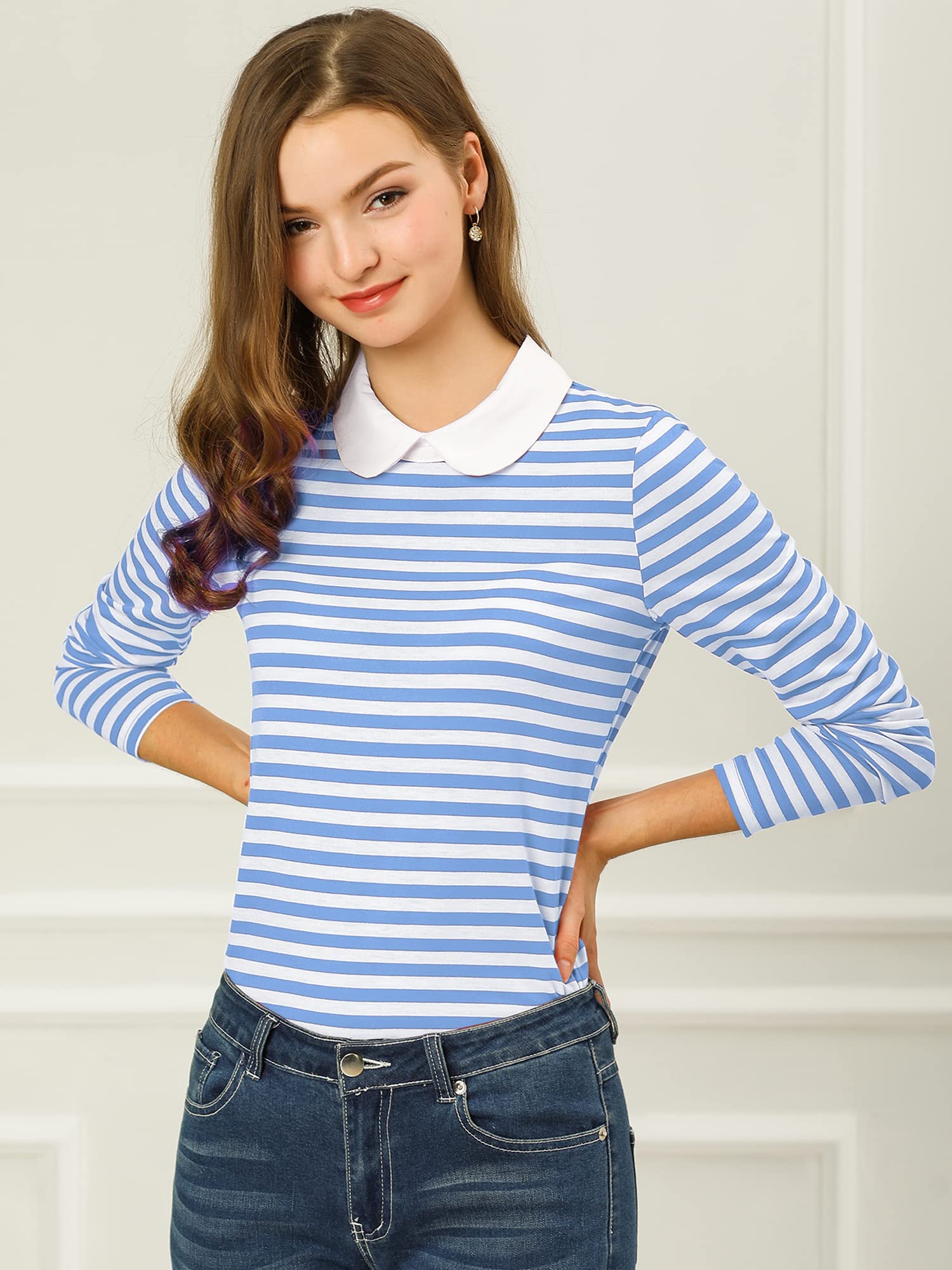 Allegra K Women's Contrast Collar Long Sleeves Peter Pan Collar Striped Blouse Top X-Large Light Blue