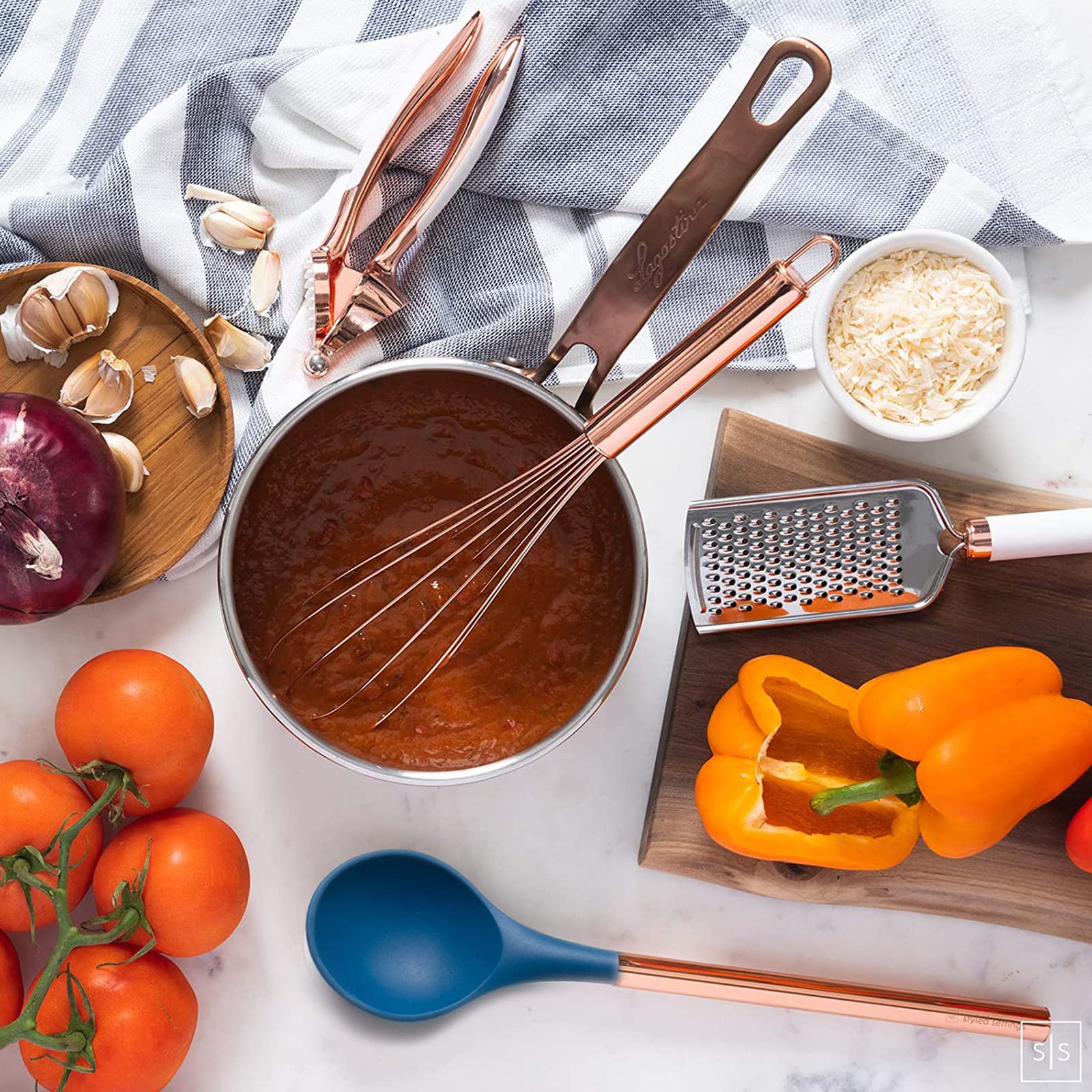 Copper and Blue Silicone Cooking Utensils Set - 17-Piece Set with Copper Utensil Holder and Measuring Cups and Spoons for Stylish Cooking and Baking - Blue Kitchen Decor, Unique Kitchen Gifts
