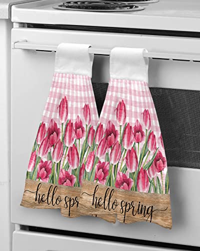 1 Pcs Hanging Towel Pink Tulip Farm Hello Spring Hand Towels Dish Towel for Kitchen Bathroom Absorbent Tie Towels Tea Bar Towels with Loop