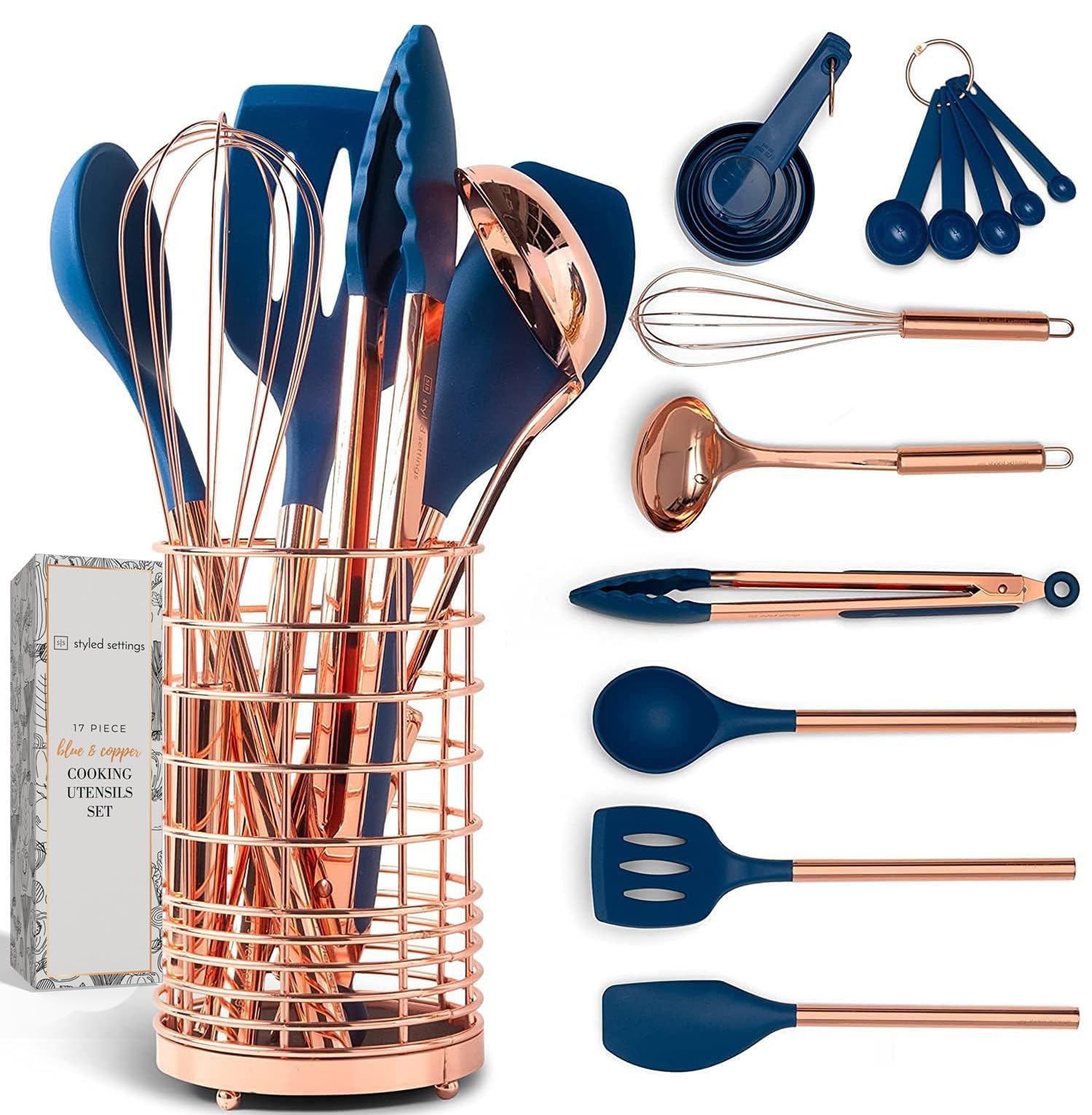 Copper and Blue Silicone Cooking Utensils Set - 17-Piece Set with Copper Utensil Holder and Measuring Cups and Spoons for Stylish Cooking and Baking - Blue Kitchen Decor, Unique Kitchen Gifts