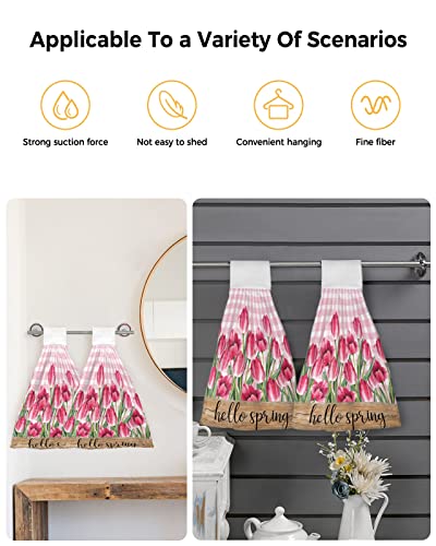 1 Pcs Hanging Towel Pink Tulip Farm Hello Spring Hand Towels Dish Towel for Kitchen Bathroom Absorbent Tie Towels Tea Bar Towels with Loop