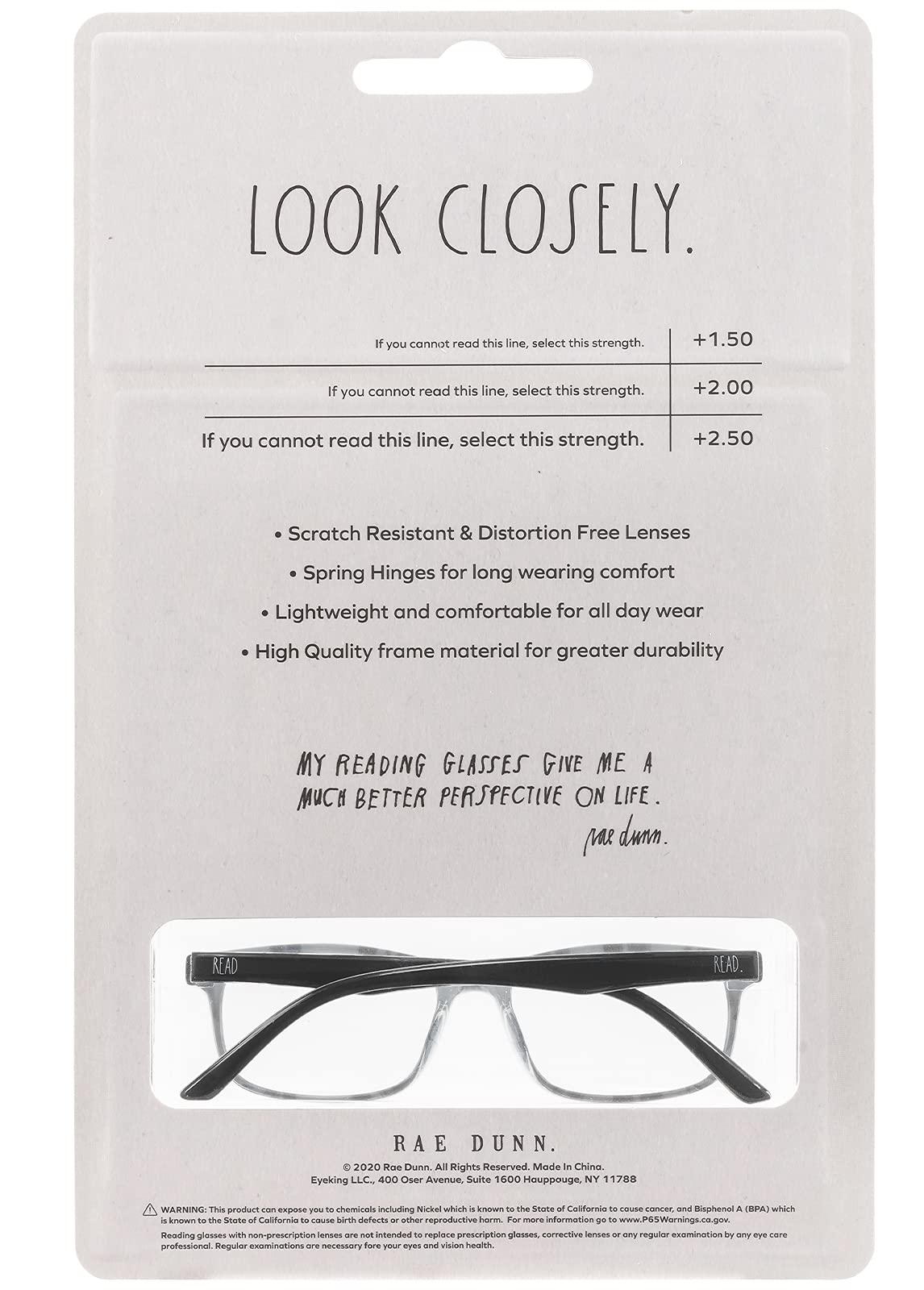 Rae Dunn "LOU Premium Reading Glasses - 3 Pack w/READ Signature Font (Crystal Dusty Blue/Crystal Cool Grey/Cobalt Stripe, +2.0)