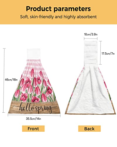 1 Pcs Hanging Towel Pink Tulip Farm Hello Spring Hand Towels Dish Towel for Kitchen Bathroom Absorbent Tie Towels Tea Bar Towels with Loop