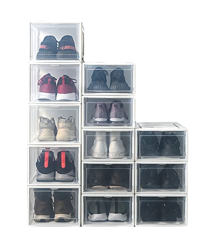Naocca Shoe Storage Boxes Plastic Stackable 6 Pack Shoe Organizer for Closet, Space Saving Shoe Holder Sneaker Containers Bins for Entryway Drop Front Cubby, Fit up to Women's Size 12 White